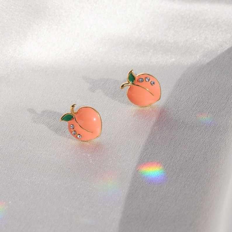 Peach Stud Earrings: Dainty Enamel, Crystal & Gold Earrings - Etsy