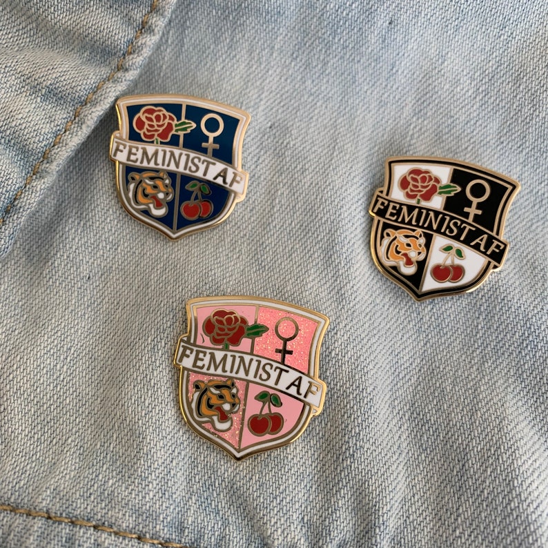 Feminist AF Crest Enamel Pin Hard Enamel Gold Pink Glitter - Etsy