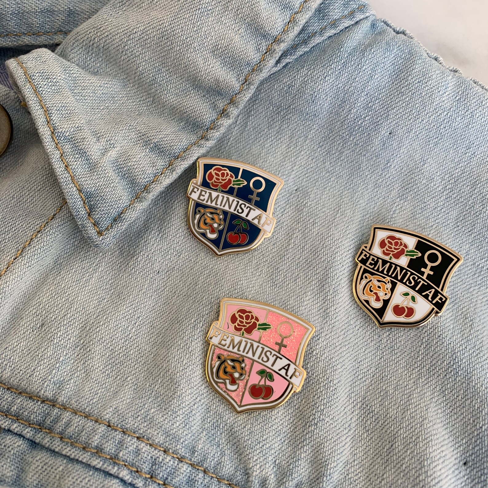 Feminist AF Crest Enamel Pin Hard Enamel Gold Pink Glitter - Etsy