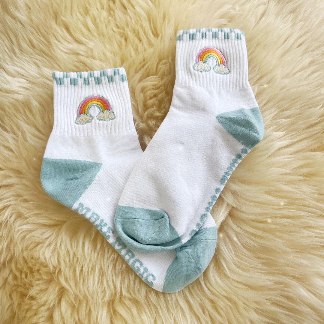 Rainbow Socks - Embroidered Socks Womens Fun Socks - Pastel Rainbow ...