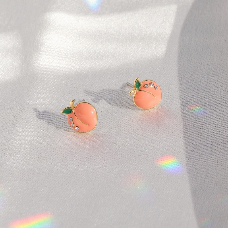 Peach Stud Earrings: Dainty Enamel, Crystal & Gold Earrings - Etsy