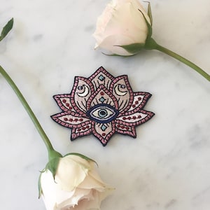 Lotus Evil Eye Patch Iron on Embroidered Patches Mystical Bohemian Festival Free Spirit Blush ...