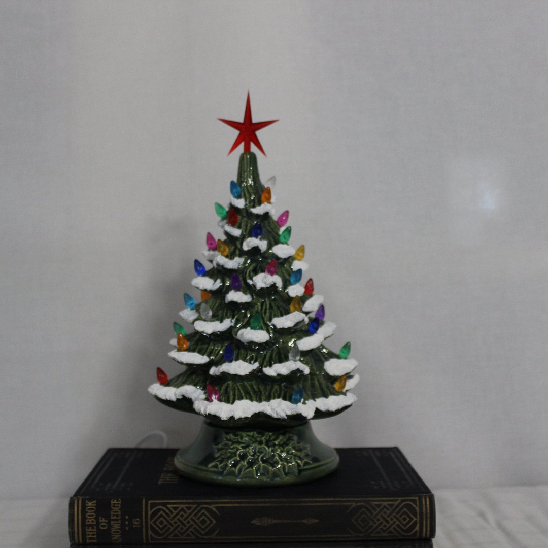 11 Inch Lighted Ceramic Christmas Tree: Green Glazed Snow Tree, Multi ...