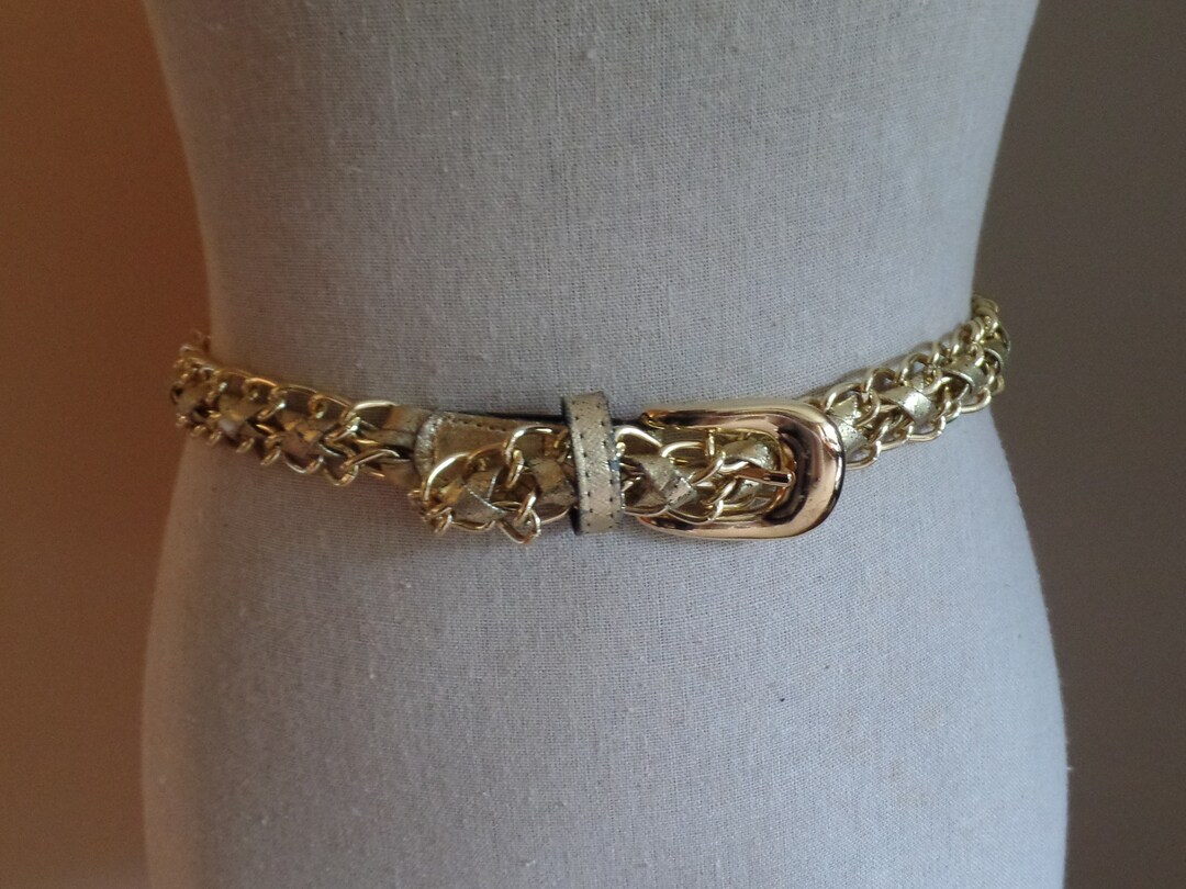 Vintage Gold Chain Link Belt, Shiny Gold Belt With Woven Design ...