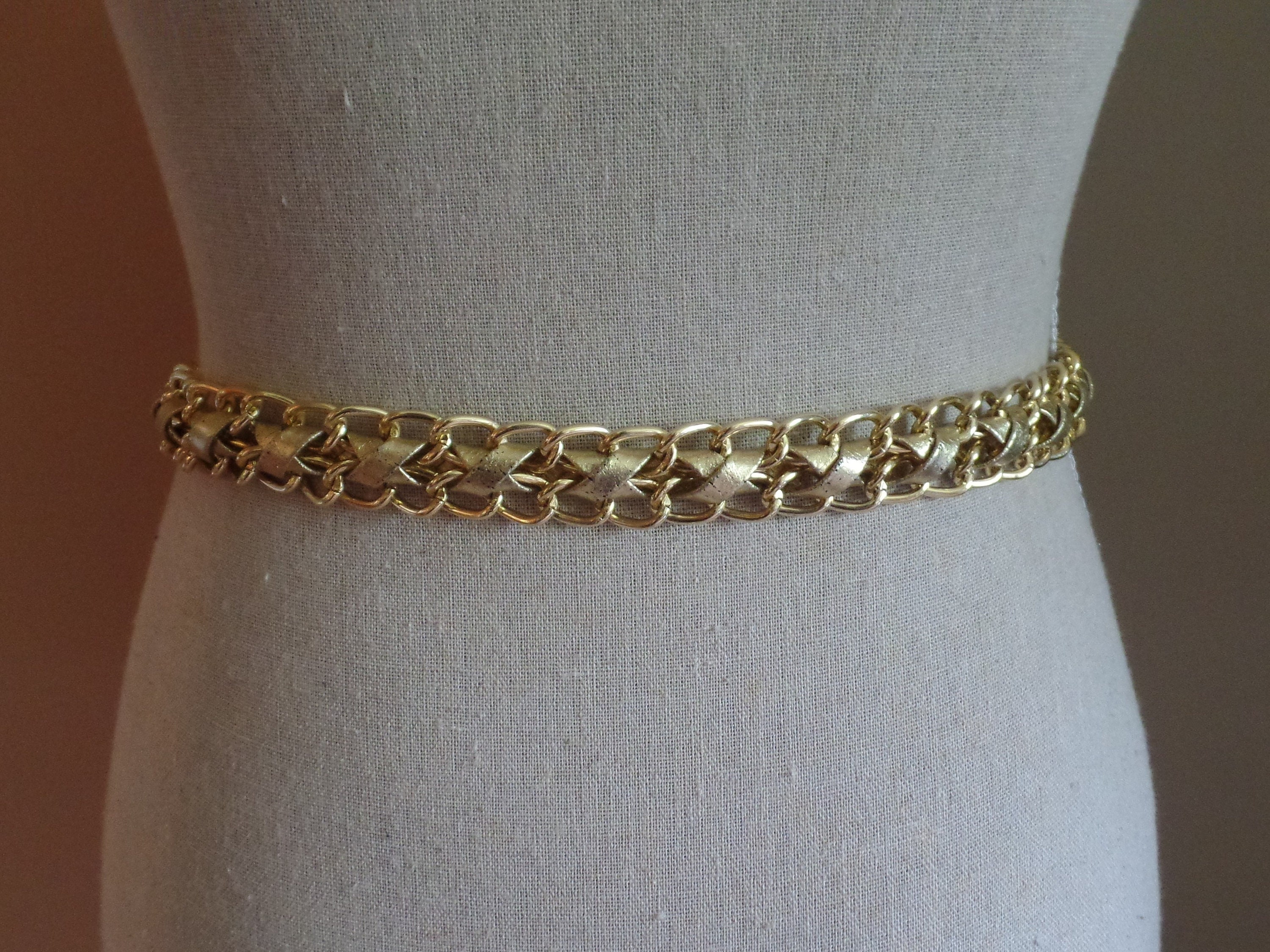 Vintage Gold Chain Link Belt, Shiny Gold Belt With Woven Design ...
