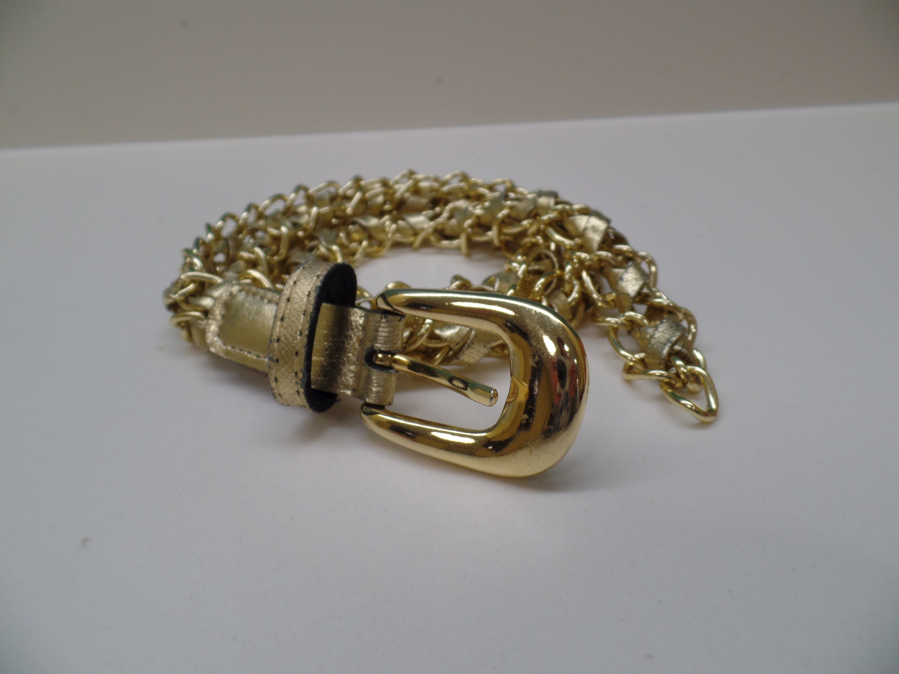 Vintage Gold Chain Link Belt, Shiny Gold Belt With Woven Design ...