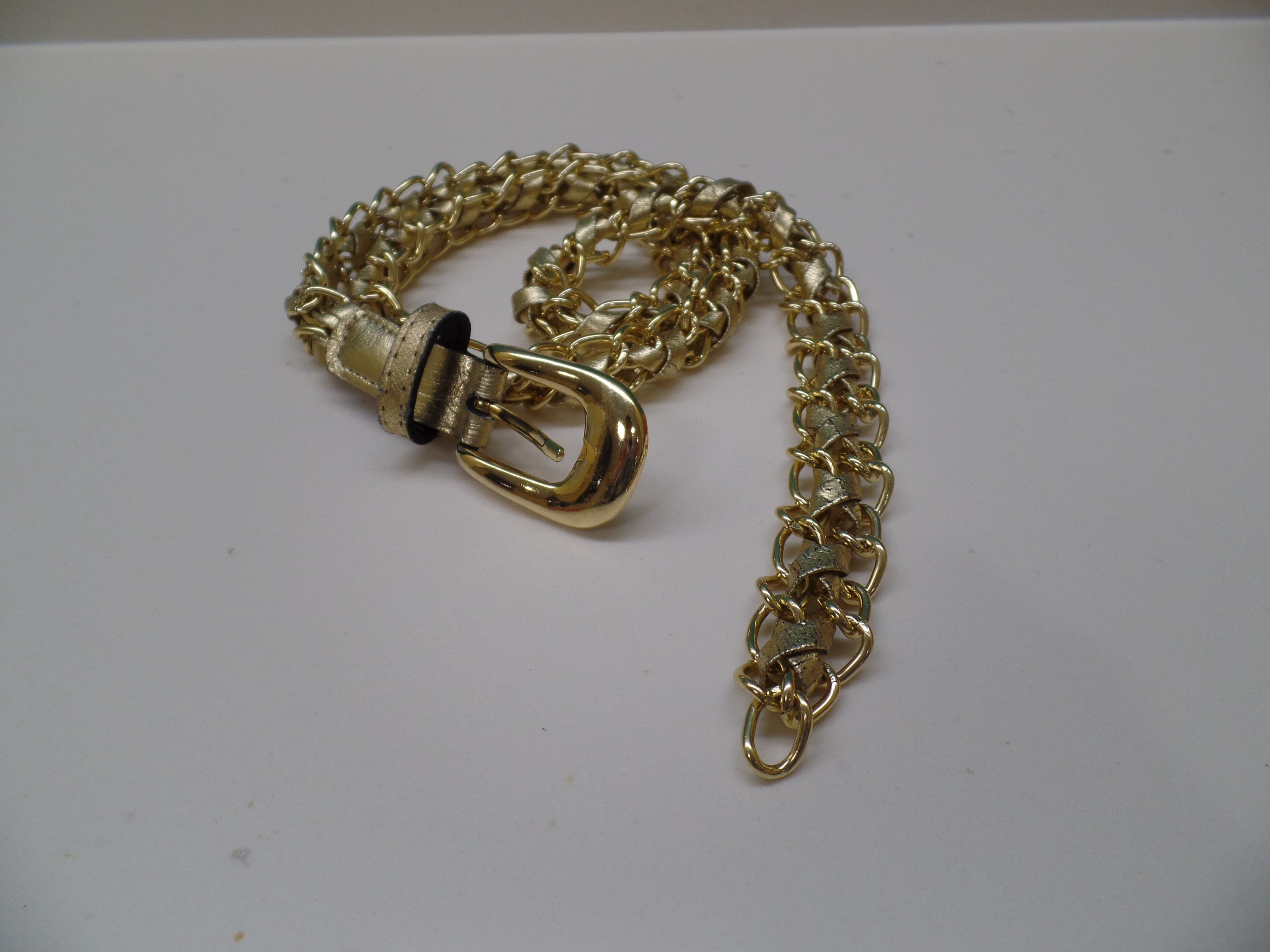 Vintage Gold Chain Link Belt, Shiny Gold Belt With Woven Design ...