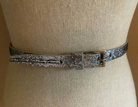 Vintage Skinny Silver and Silver Glitter Bling Belt, … - Gem
