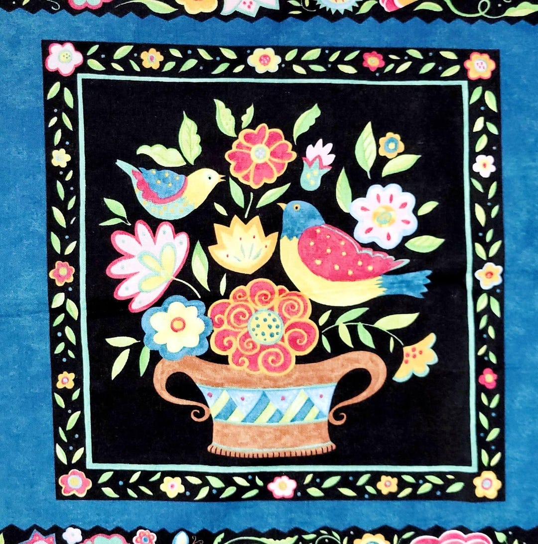 Susan Winget Ditsy Floral Flowers Birds Blue Block Panel Cotton ...