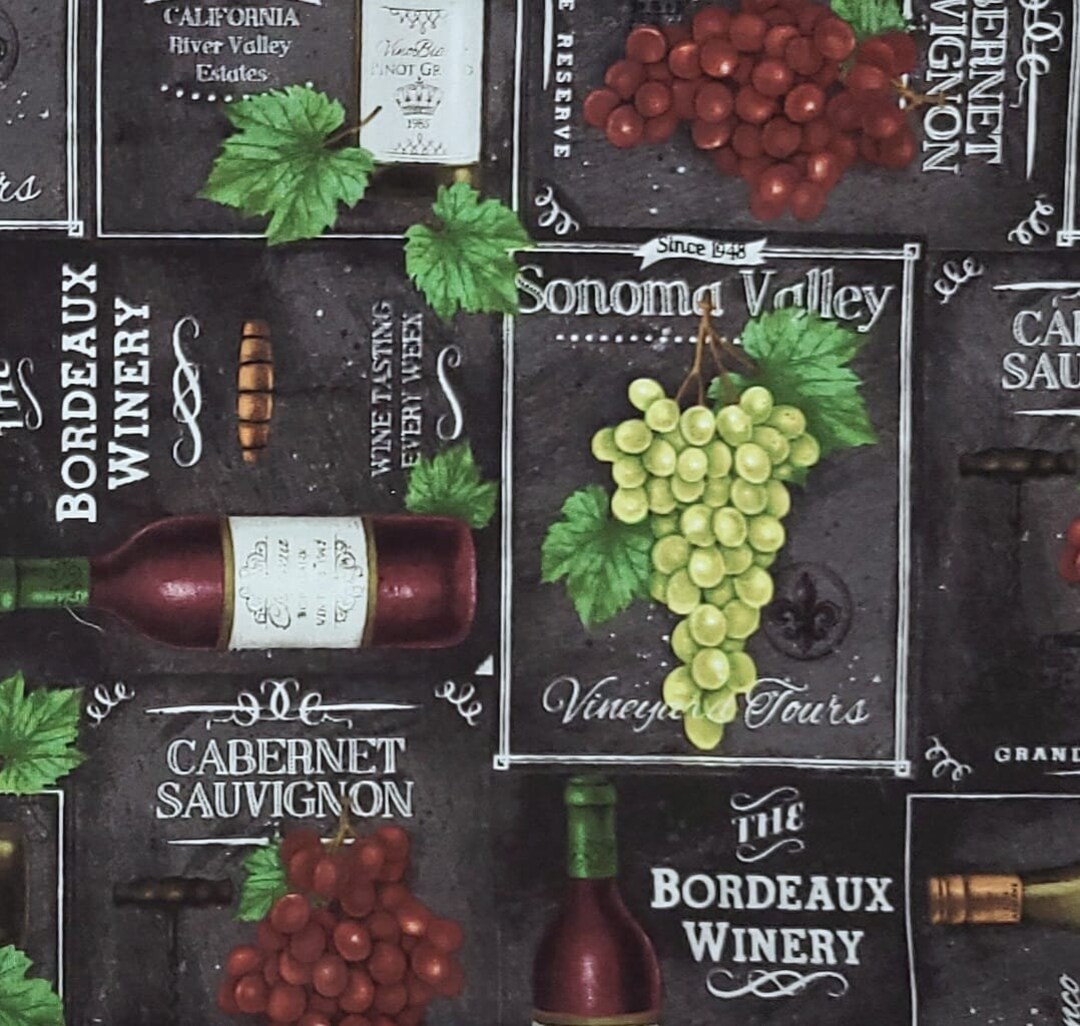 Wine List Chalkboard Grapes Vineyard Grey Cotton Quilting Fabric 7/8 ...