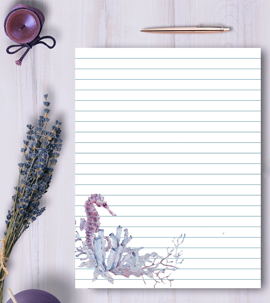 Printable Stationery Watercolor Seahorse Writing Paper Lined - Etsy