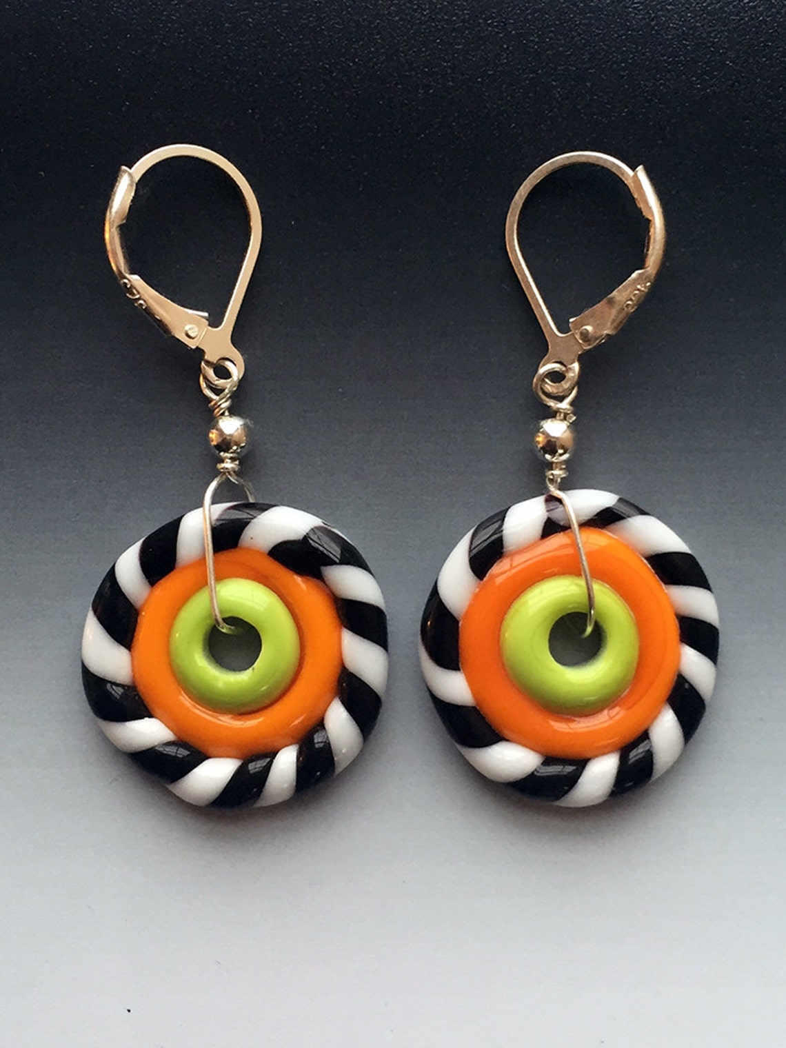 Circus Earrings in Orange, Lime, Black & White: Handmade Lampwork Glass ...