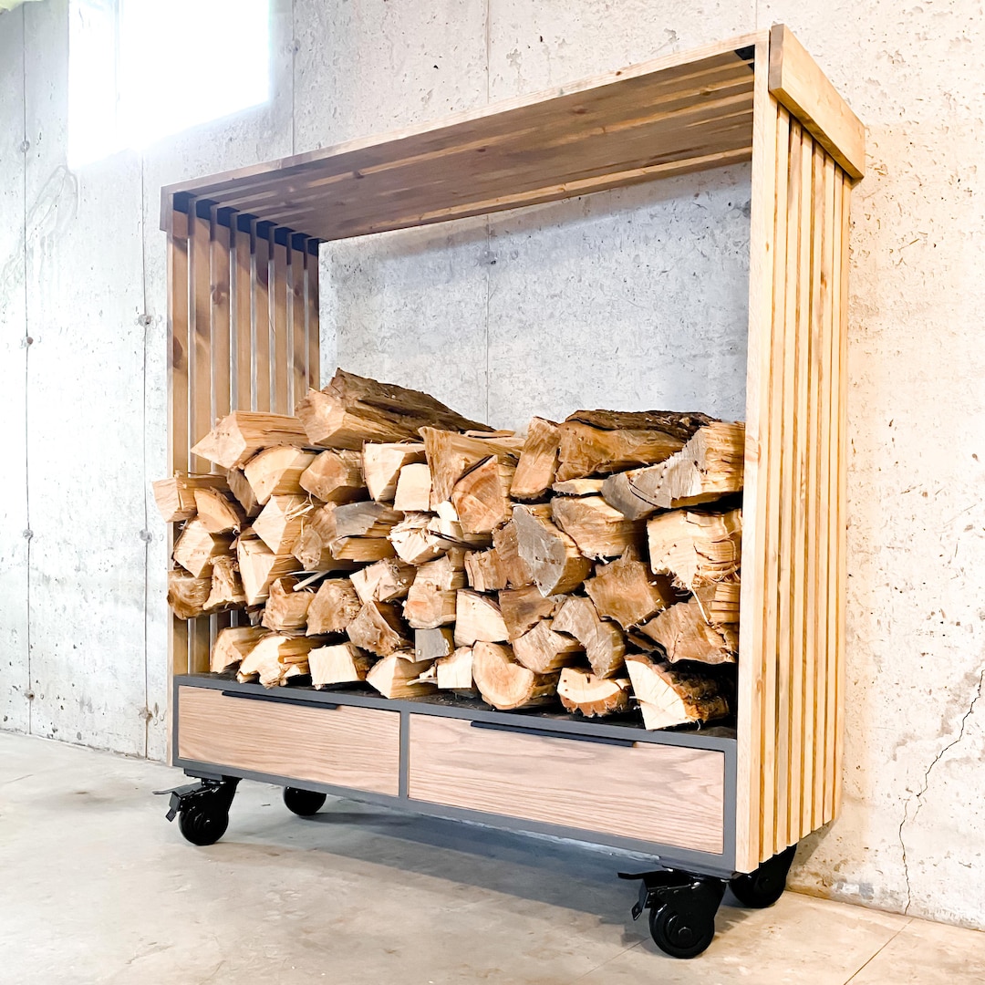 DIY Modern Indoor Rolling Firewood Rack Plans With Storage Drawers ...