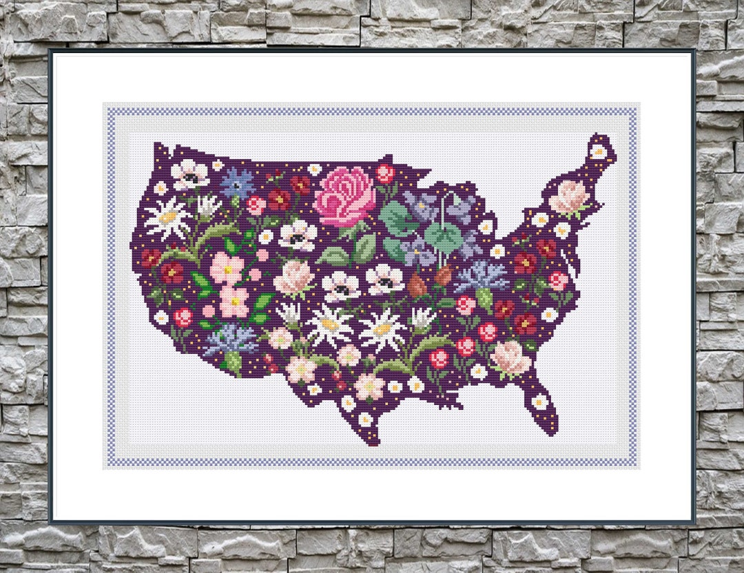 PDF of Floral Map of USA / Cross Stitch Pattern / Modern Cross Stitch ...