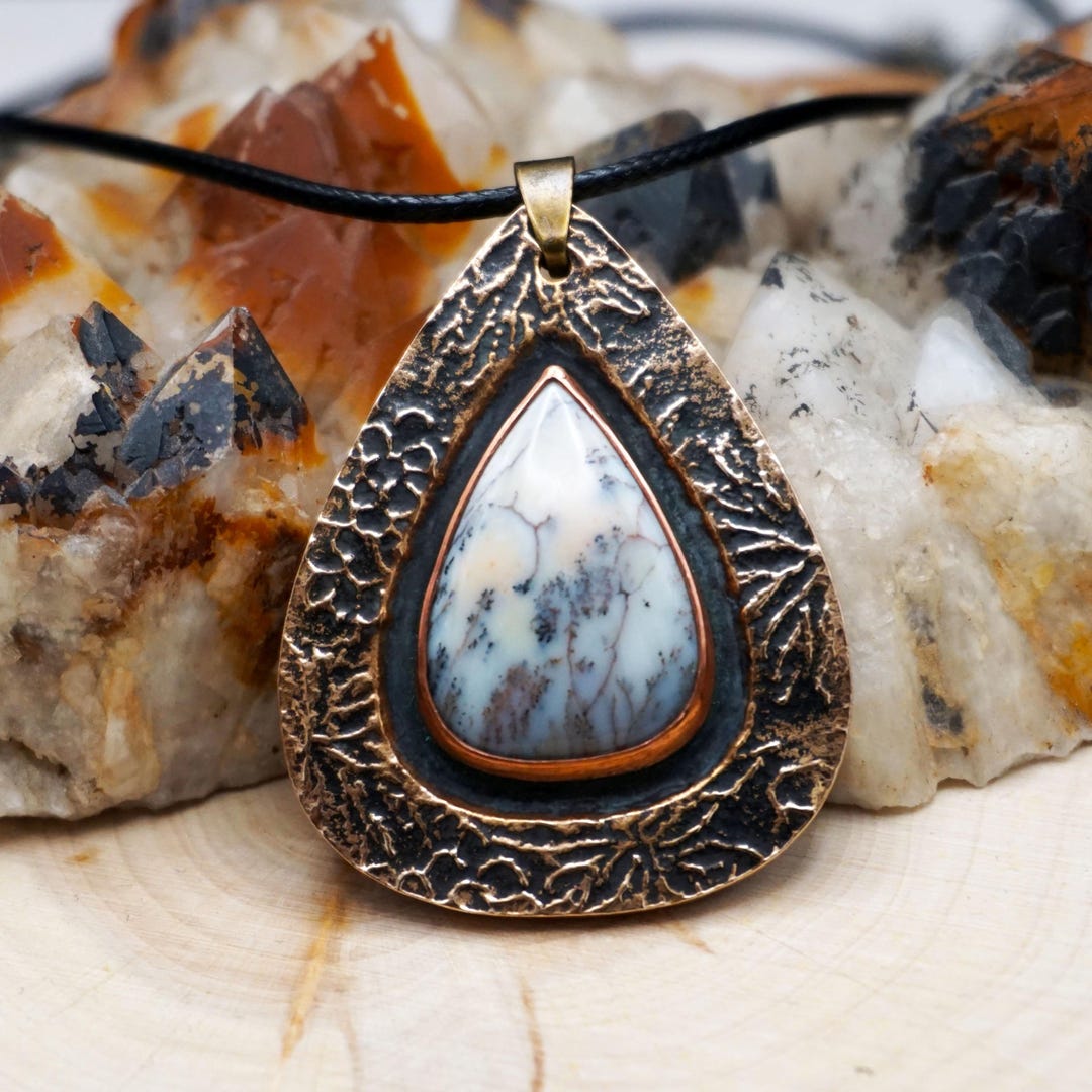 Bronze Metal Clay Pendant With Dendritic Agate on Waxed Cord ...