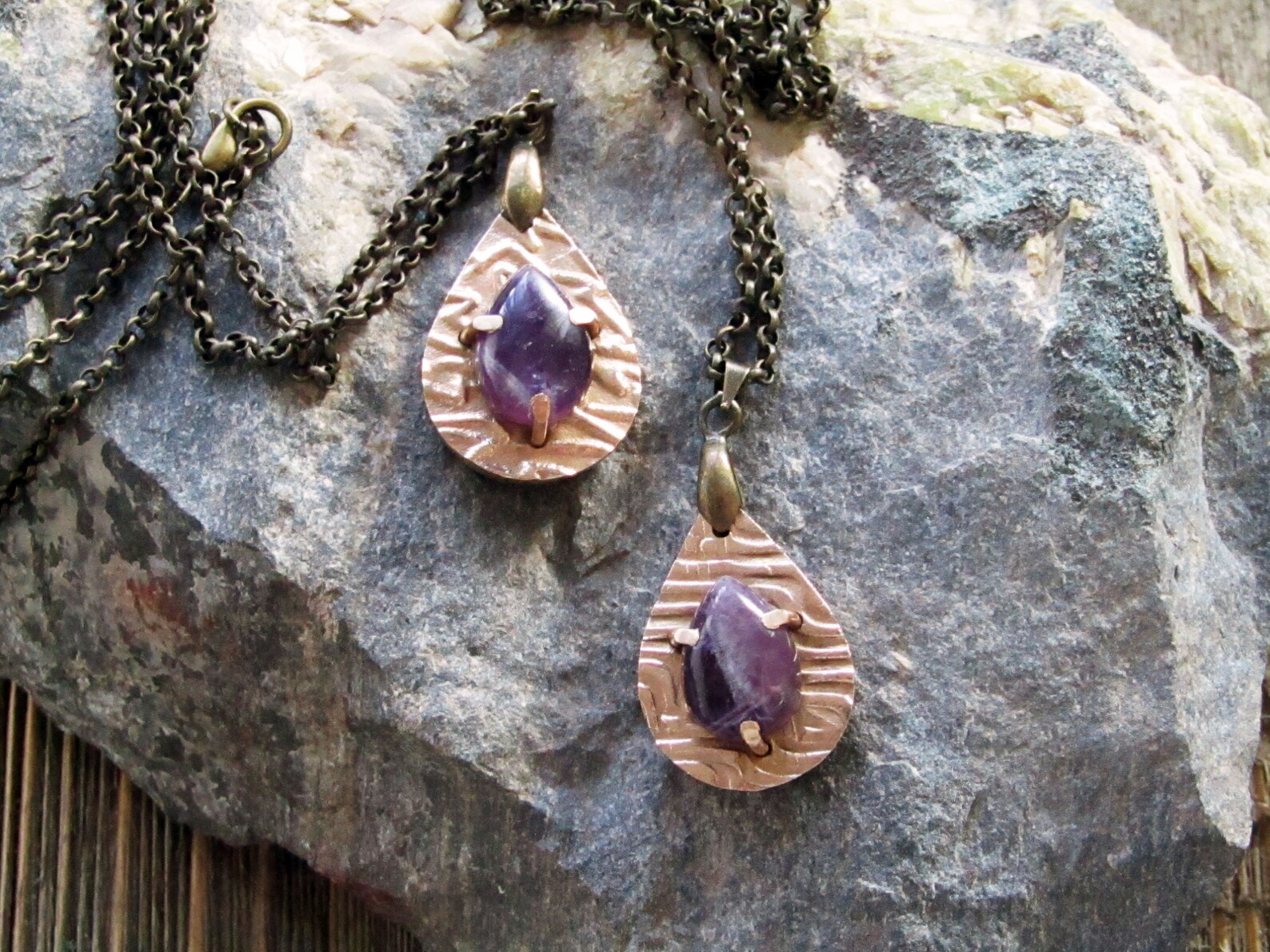 Bronze Metal Clay Pendant Duo Featuring Natural Amethyst - Etsy