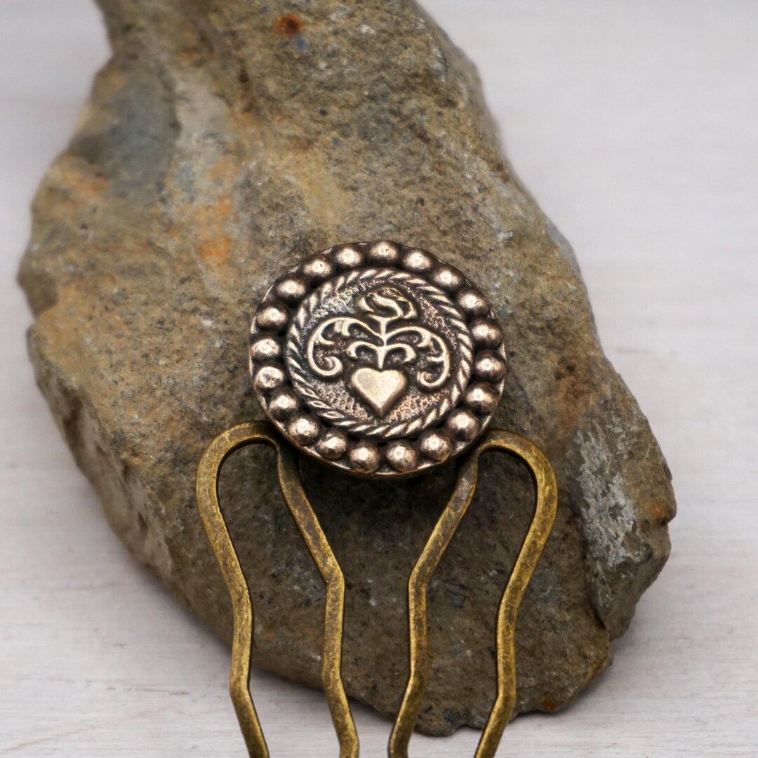 Antique Finished Bronze Metal Clay Heart Hair Comb Handcrafted Elegance ...