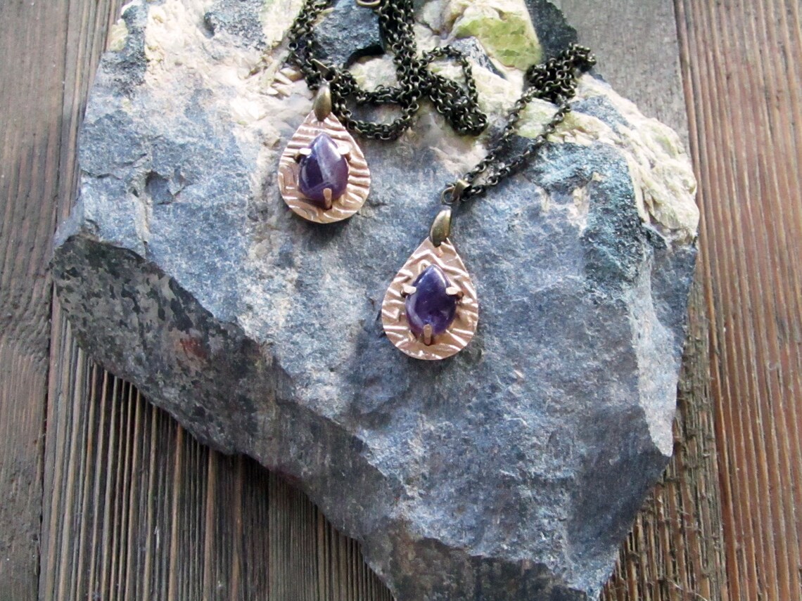 Bronze Metal Clay Pendant Duo Featuring Natural Amethyst - Etsy