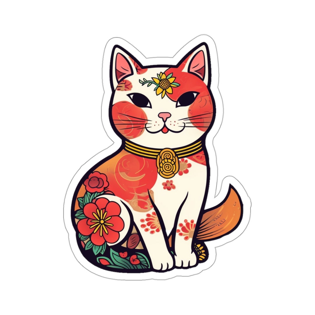 Floral Cat Vinyl Sticker, Water Bottle Decal, Laptop Sticker, Whimsical ...