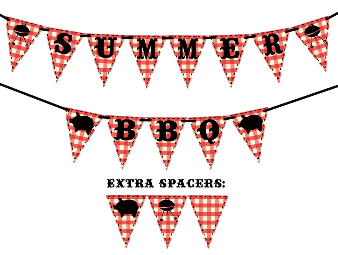 SUMMER BBQ (classic Red Gingham) Printable Party Banner and Decoration ...