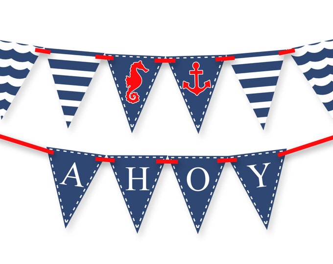 Nautical Party Printable Banner and Mini Cake Bunting. Red White Blue ...