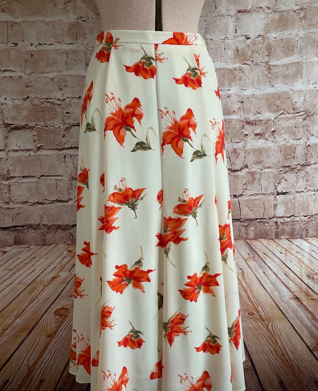 Vintage Skirt Midi Chiffon Flared Orange Lilies Pattern by Riddella ...