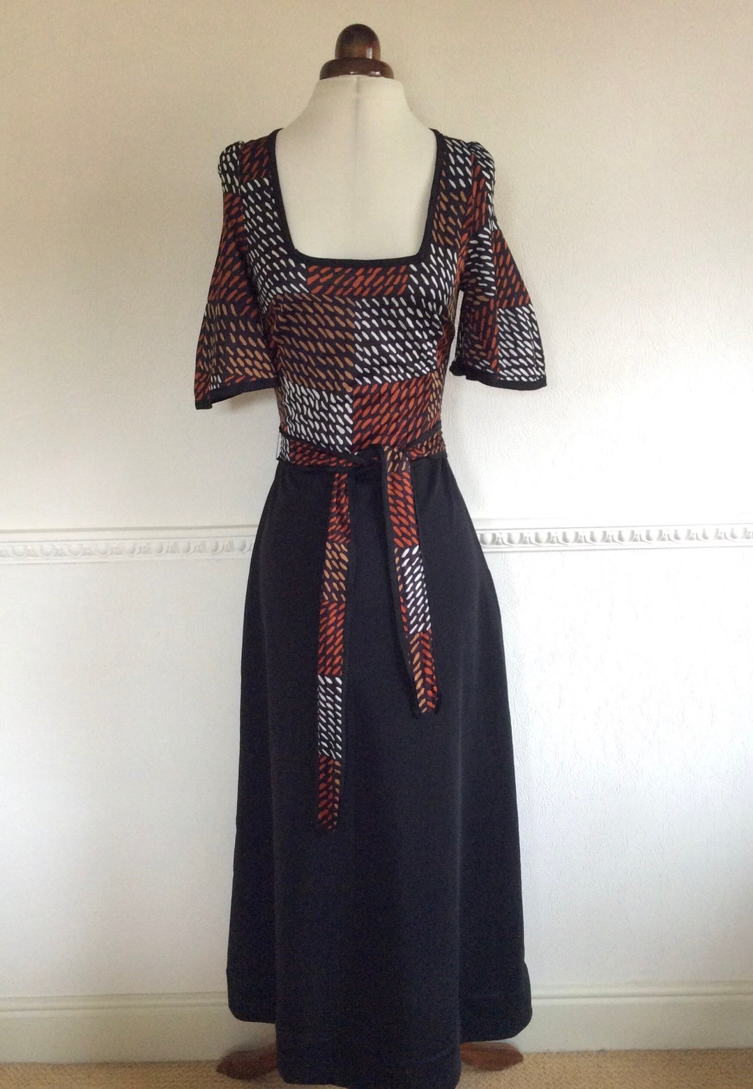 Vintage Maxi Dress in Geometric Print With Bell Sleeves by Richard ...