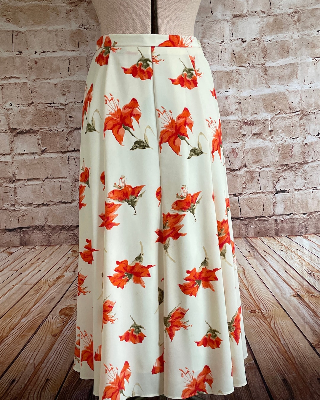 Vintage Midi Skirt Chiffon Flared Orange Lilies Pattern by Riddella ...