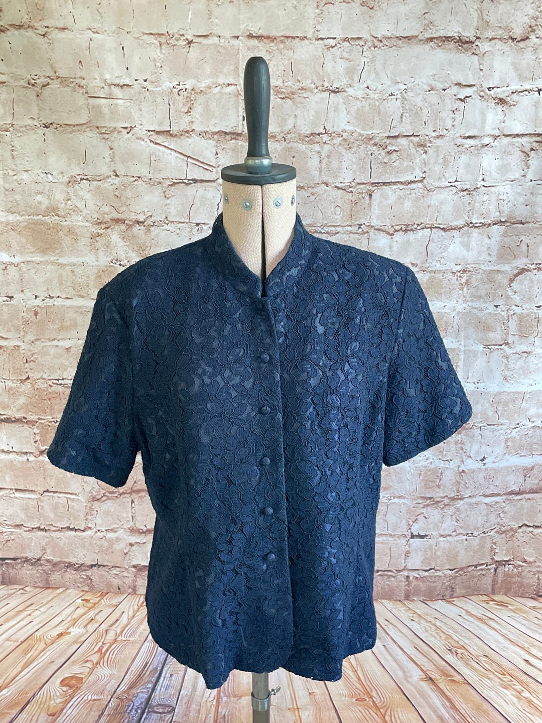 Vintage Blue Lace Jacket Mandarin Collar Short Sleeves by Together ...