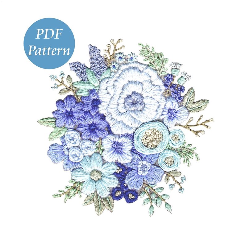 Hand Embroidery Pattern. Blue Flower Bouquet. PDF, Digital Download ...
