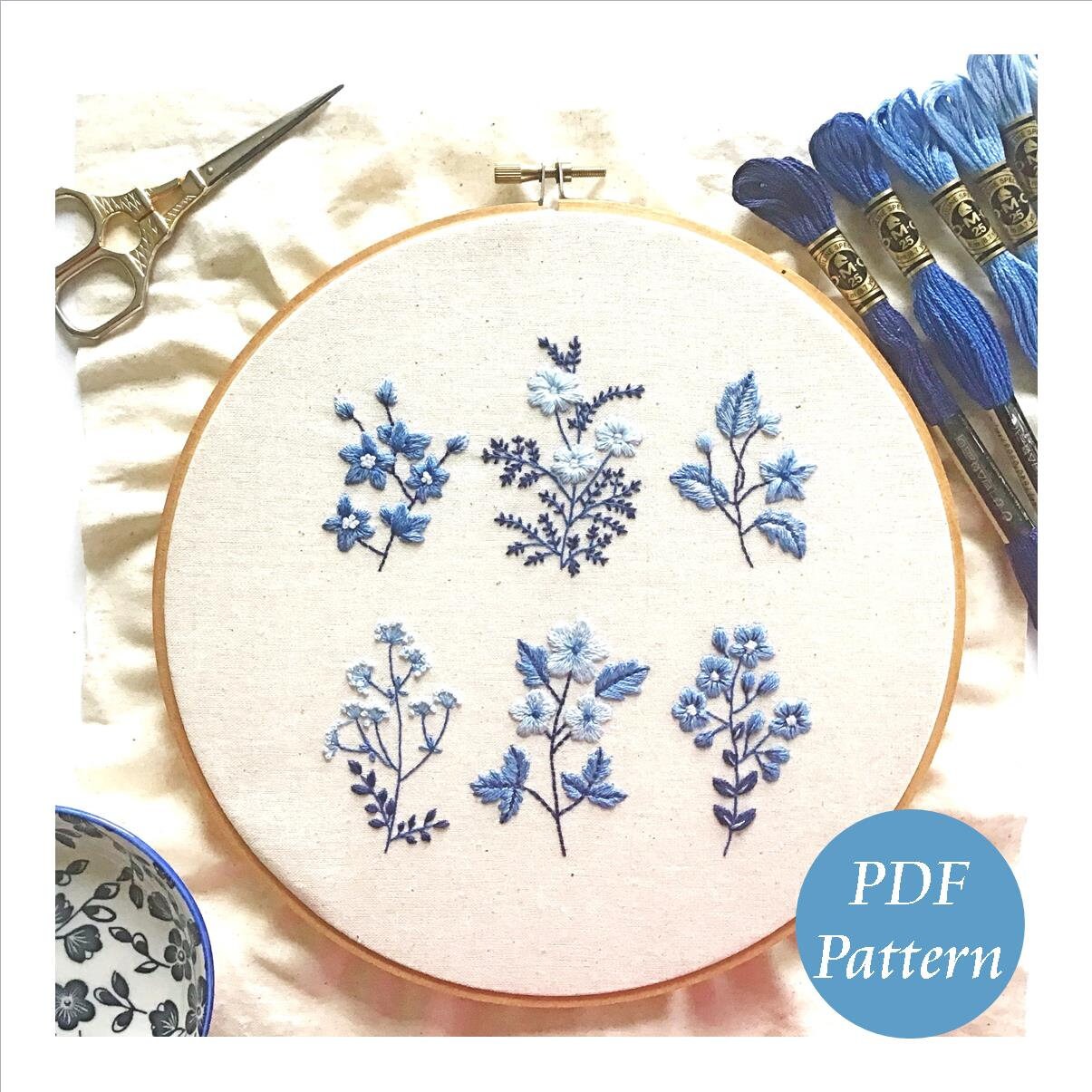 Hand Embroidery Pattern. PDF. Blue Botanical Printable, Digital ...