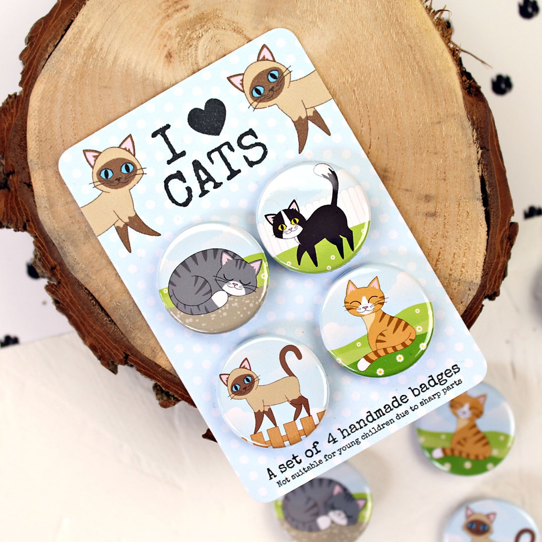 Cute Cats Button Pin Badges – Set of Four - Etsy