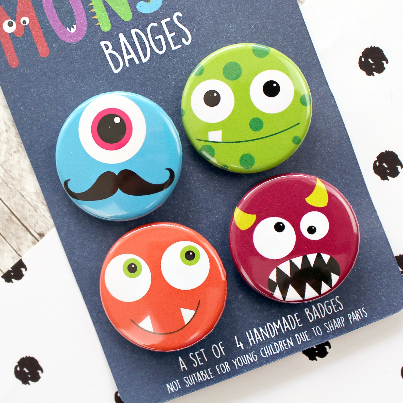 Fun Colourful Monster Pin Badges Set of Four | Etsy