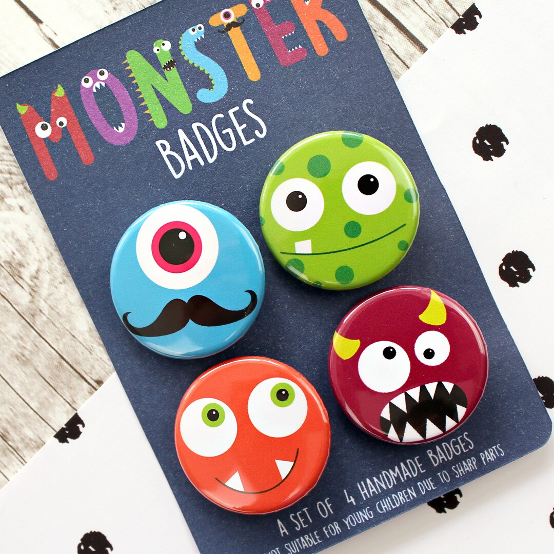Fun Colourful Monster Pin Badges - Set of Four - Etsy UK