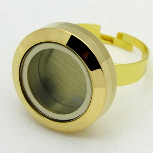Stainless Steel Plain Gold Floating Glass Locket Adjustable Finger Ring ...