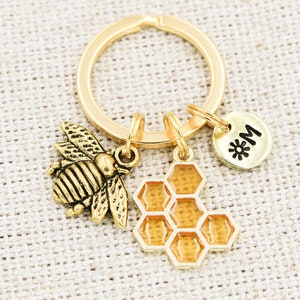 Personalized Honey Bee Keychain, Honey Comb Keyring, Bee Keeper Gifts ...