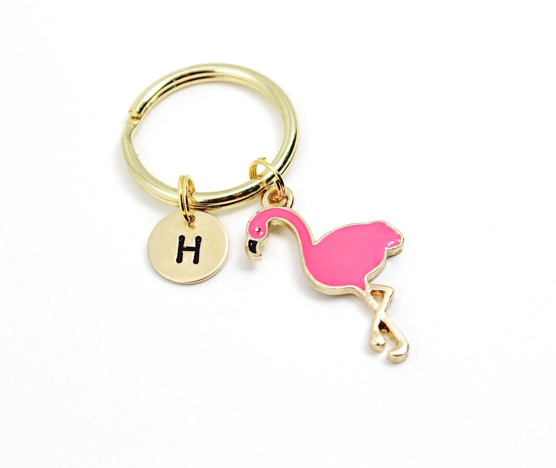 Dainty Flamingo Keychain Flamingo Keyring Initial Keychain - Etsy