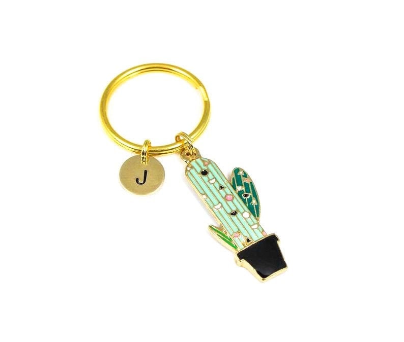 Dainty Cactus Keychain, Initial Keychain, Cactus Keyring, Cacti ...