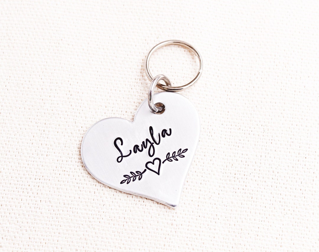 Elegant Heart Pet ID Tag, Heart Shaped Dog Name Tag, Cursive Pet Name ...