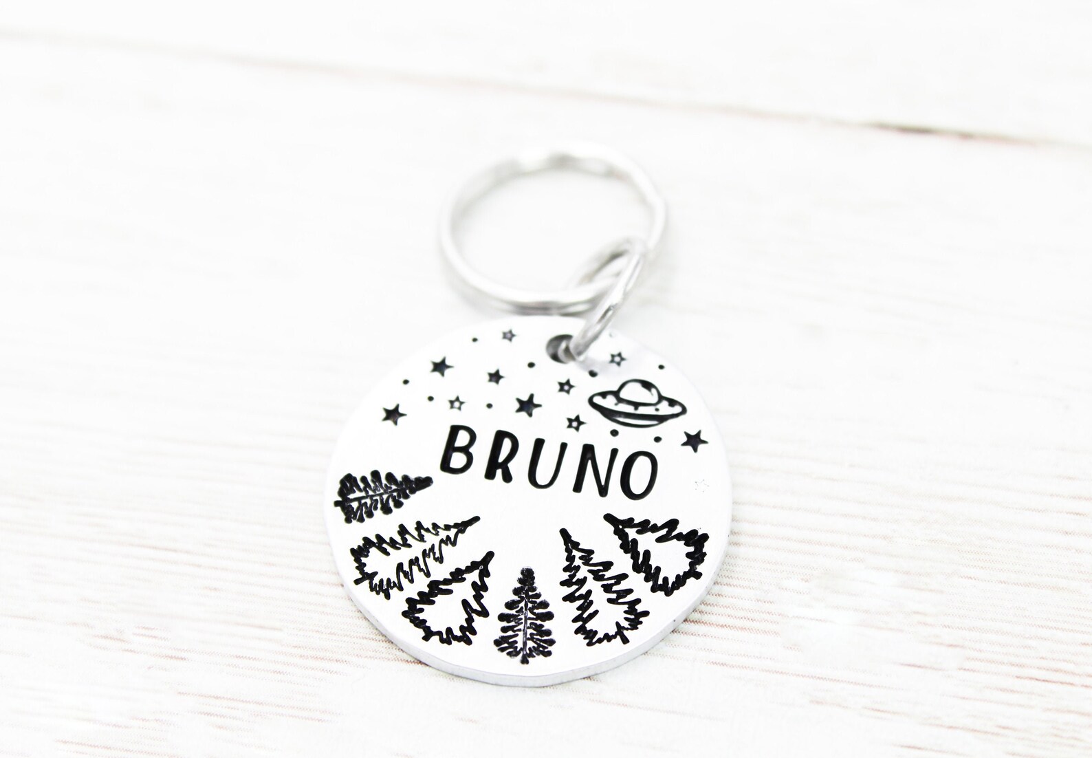 Spaceship Pet Name Tag, Cosmic Dog ID Tag, Night Sky Pet Tags, Trees ...