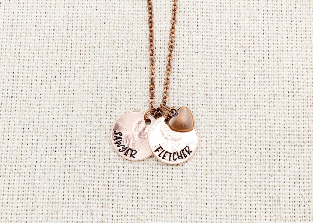 Personalized Penny Name Necklace, Custom Stamped Charm, Mom Grandma ...