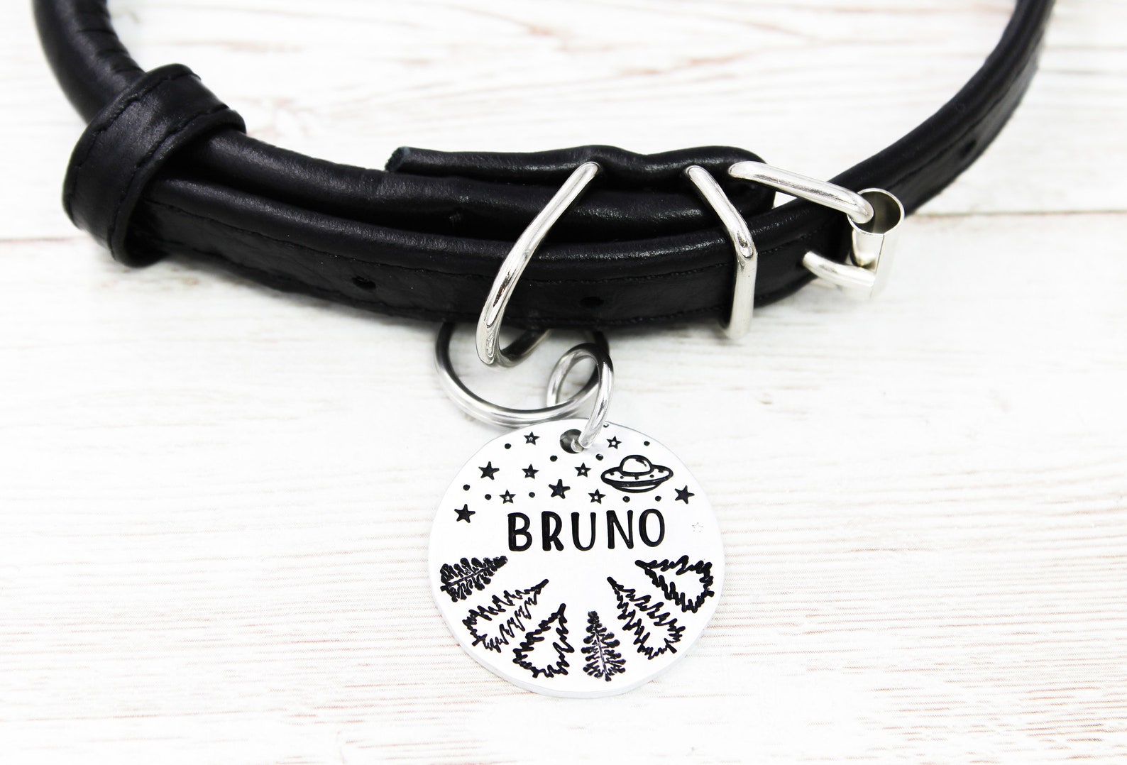 Spaceship Pet Name Tag, Cosmic Dog ID Tag, Night Sky Pet Tags, Trees ...