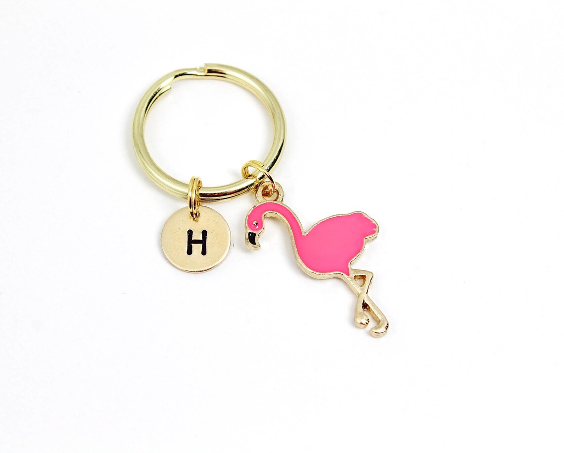 Dainty Flamingo Keychain Flamingo Keyring Initial Keychain - Etsy