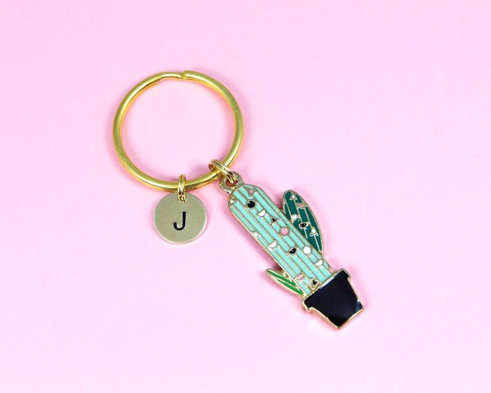 Dainty Cactus Keychain, Initial Keychain, Cactus Keyring, Cacti ...