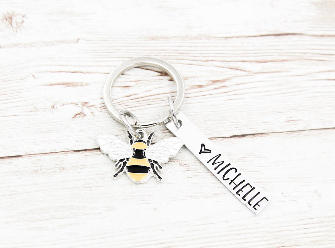 Personalized Name Honeybee Keychain, Custom Honey Bee Keyring, Bee ...