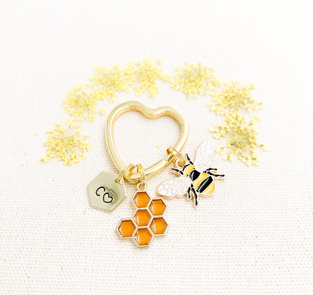 Custom Initial Honeybee Keychain, Honey Bee Keyring, Bee Lover Gift ...