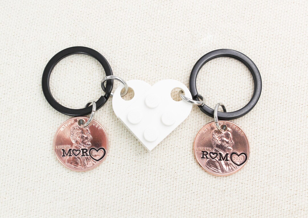 Custom Penny With Connecting Heart LEGO® Keychains, Couples Keychain ...