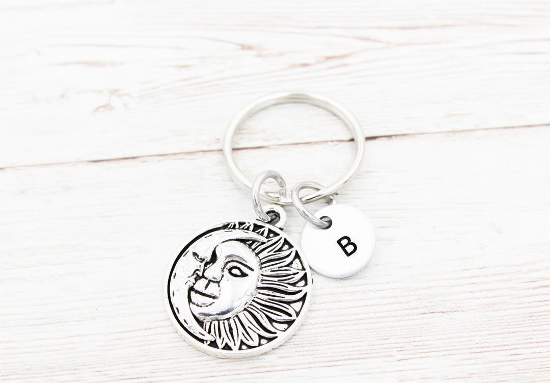 Custom Sun and Moon Keychain, Initial Sun Moon Keyring, Crescent Moon ...