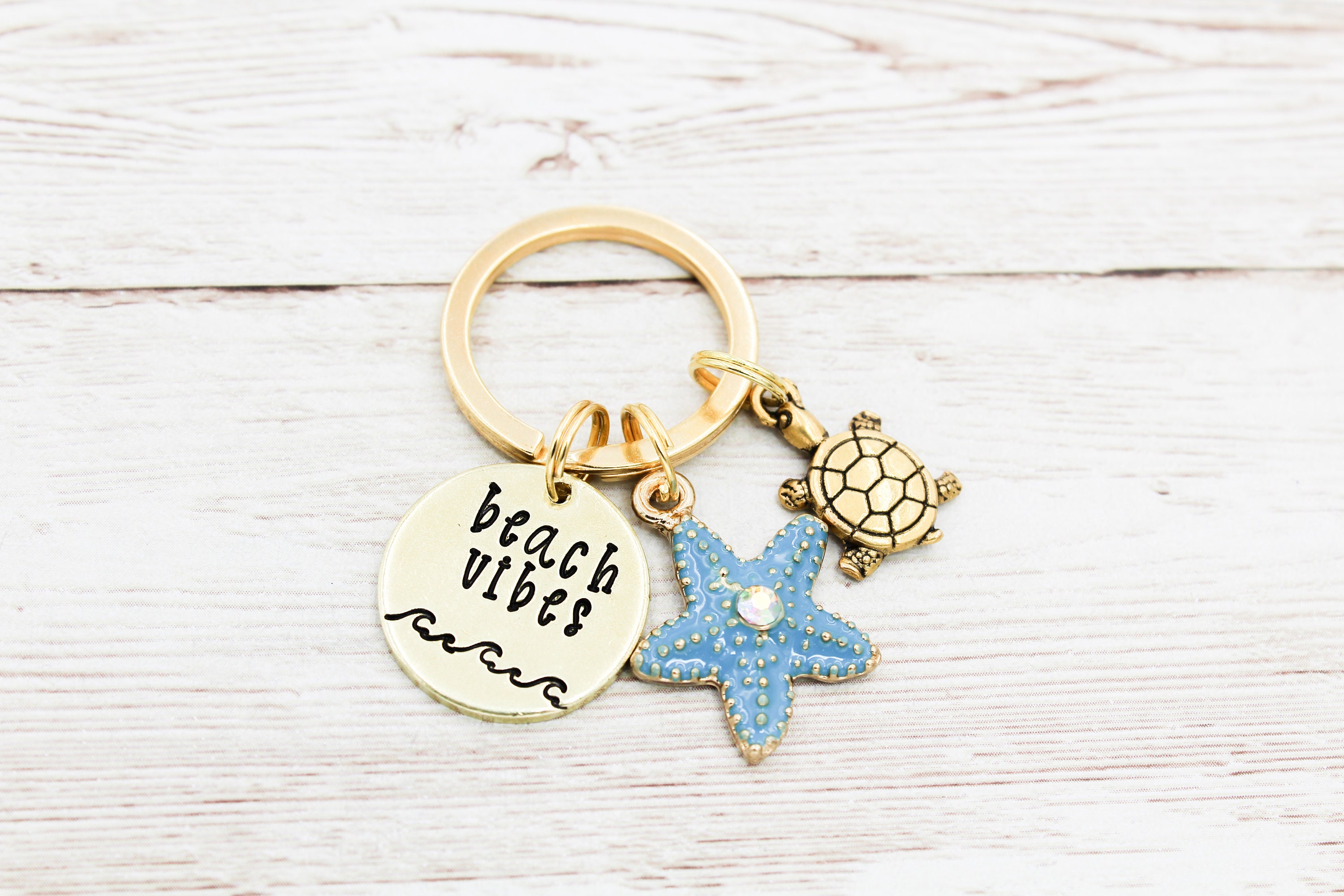 Beach Vibes Keychain, Sea Turtle Keyring, Beach Lover Gift, Starfish ...