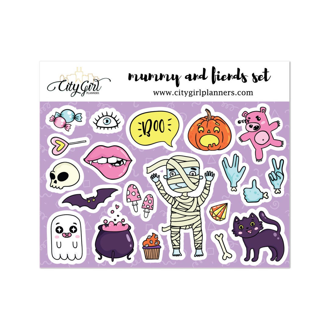 Mummy & Fiends Halloween Sticker Sheet, Cute Spooky Planner Stickers, 4 ...